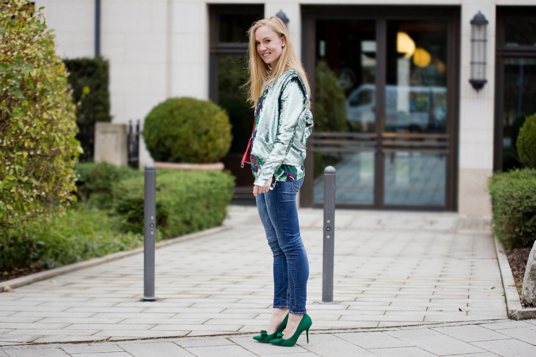 Bow pumps and sequin jacket